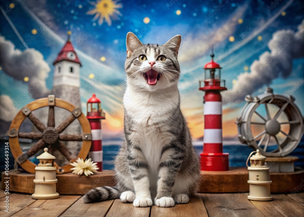 Fluffy Tabby Cat Performing on Stage with Marine Lighthouses and ...