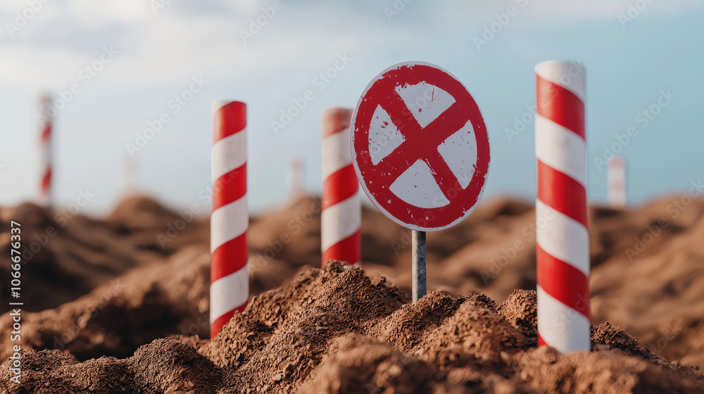 Contaminated site with warning markers and exposure management sign ...