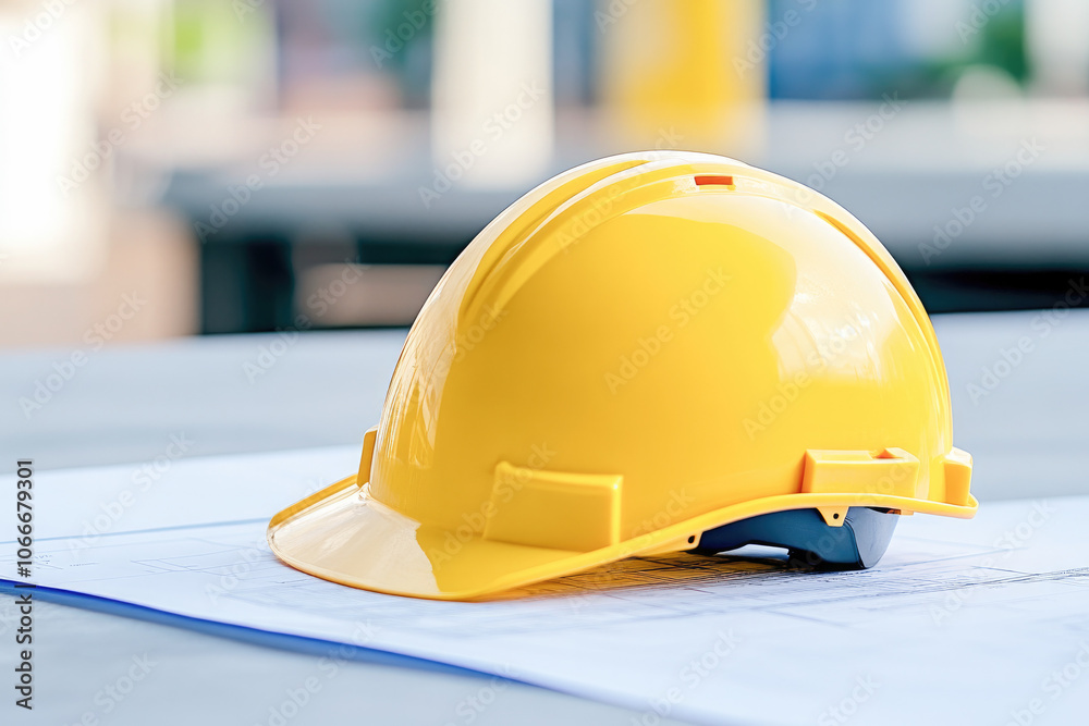 Yellow hard hat placed on architectural blueprints; symbolizes safety ...