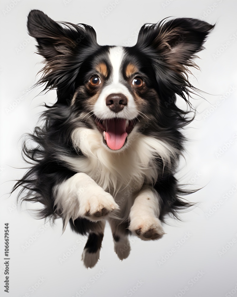 A happy dog is seen jumping mid-air with its fluffy fur bouncing and a ...