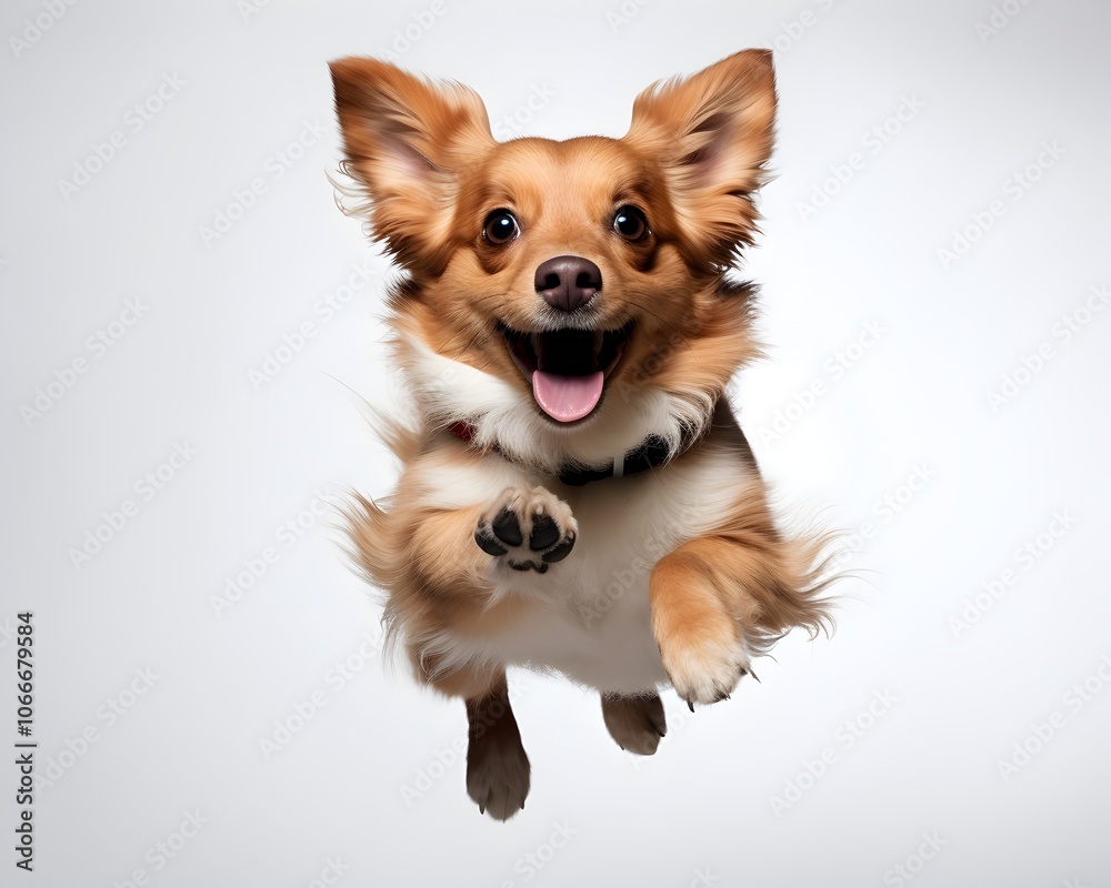 A happy dog is seen jumping mid-air with its fluffy fur bouncing and a ...