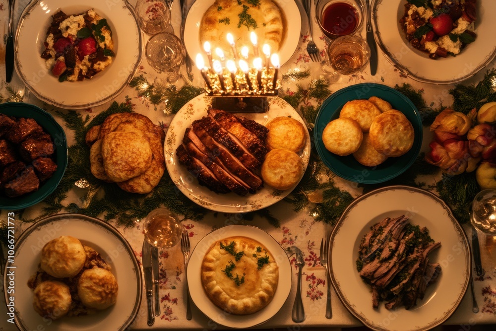Traditional Hanukkah Feast: A top-down view of a table set for a ...