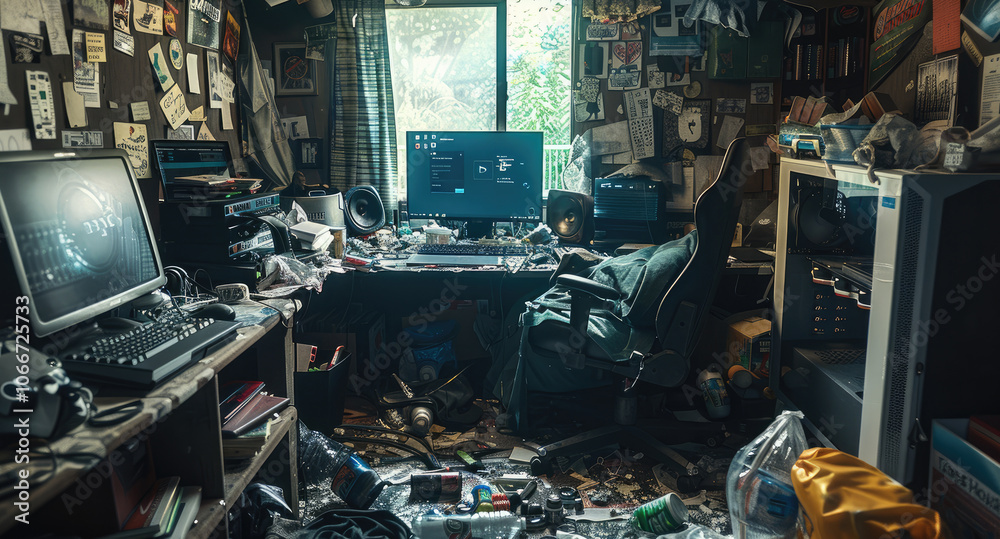 Very dirty gaming room, trash everywhere, empty soda cans, bottles ...