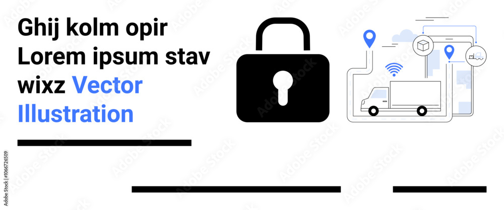 Large lock symbol, truck with route and location pins on screens, lines ...