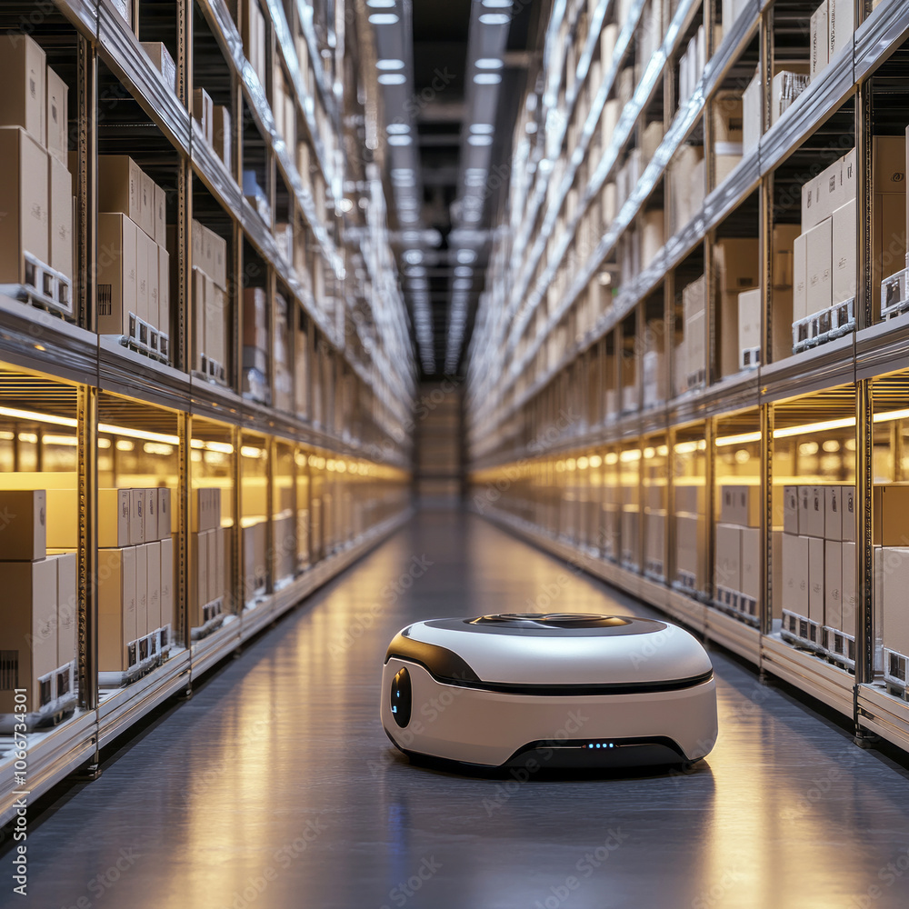 Automated, Intelligent Warehouse Robot Navigating Aisles of Vast Modern ...