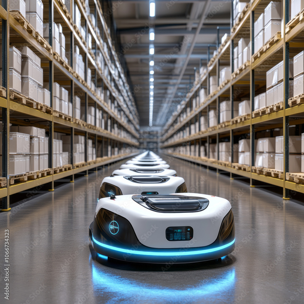 Autonomous robots navigating warehouse aisle, efficient logistics, modern technology, future ...