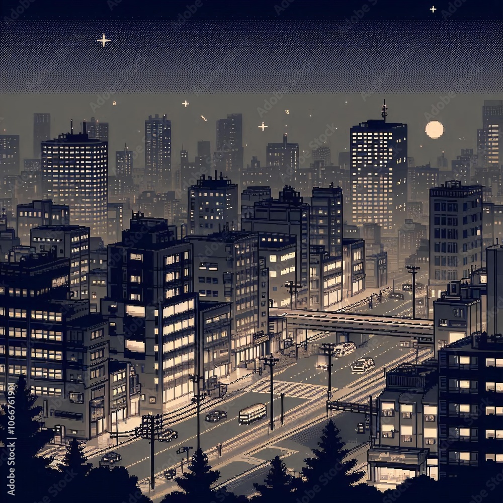 Pixelated city at night. A detailed view of a metropolis, rendered in a ...