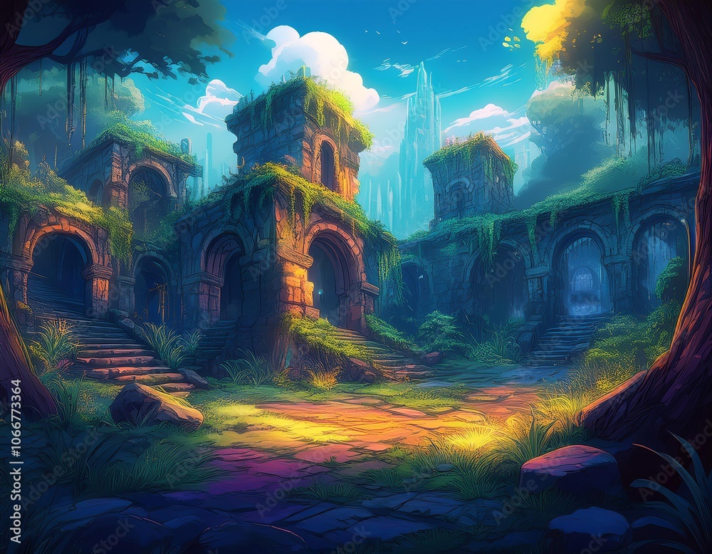 Ancient, overgrown ruins with hidden secrets, magical runes glowing on ...