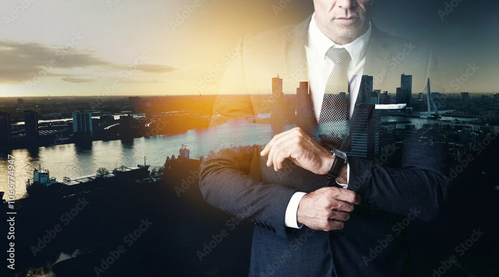 Business, man and hands with cityscape in double exposure for capital ...