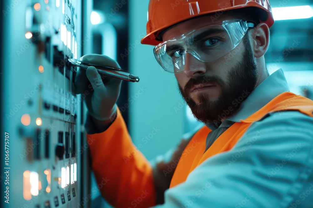 Electrical engineer inspecting control panel with diagnostic tools for ...