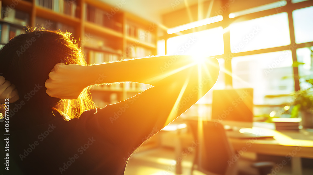Office Worker Stretching Arms and Shoulders in a Home Office Setting ...