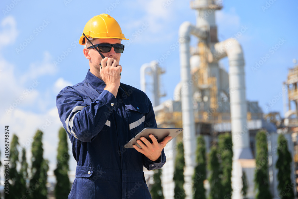 Petroleum industry engineer worker working outdoor. Refinery oil and ...