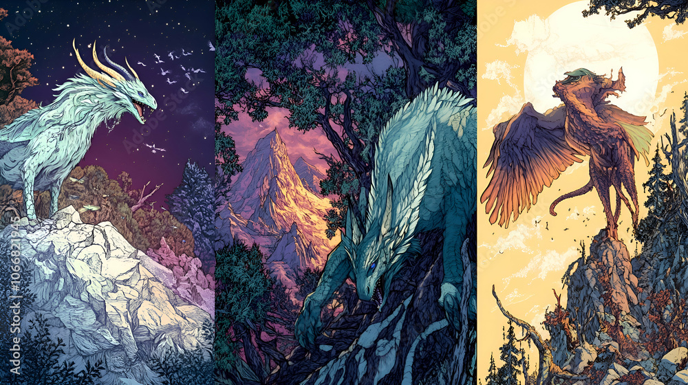 Three fantasy creatures, a stag, a wolf and a griffin, depicted in ...