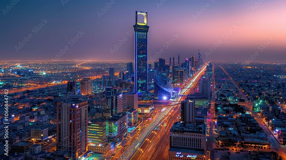 ภาพประกอบสต็อก Riyadh Skyline at Night Featuring Kingdom Centre Tower ...