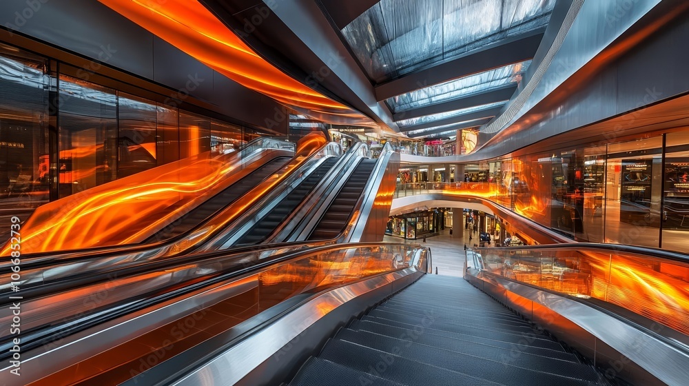 Busy escalator in a large shopping center, motion blur effect, high ...