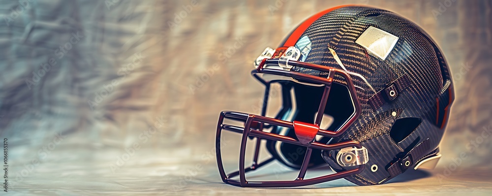 A football helmet with a rugged carbon fiber texture positioned on a ...