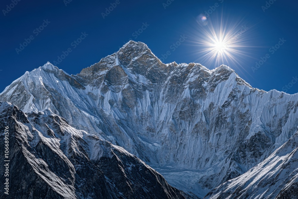 Zoomed-in view of snowy mountain peaks glistening under the sun ...