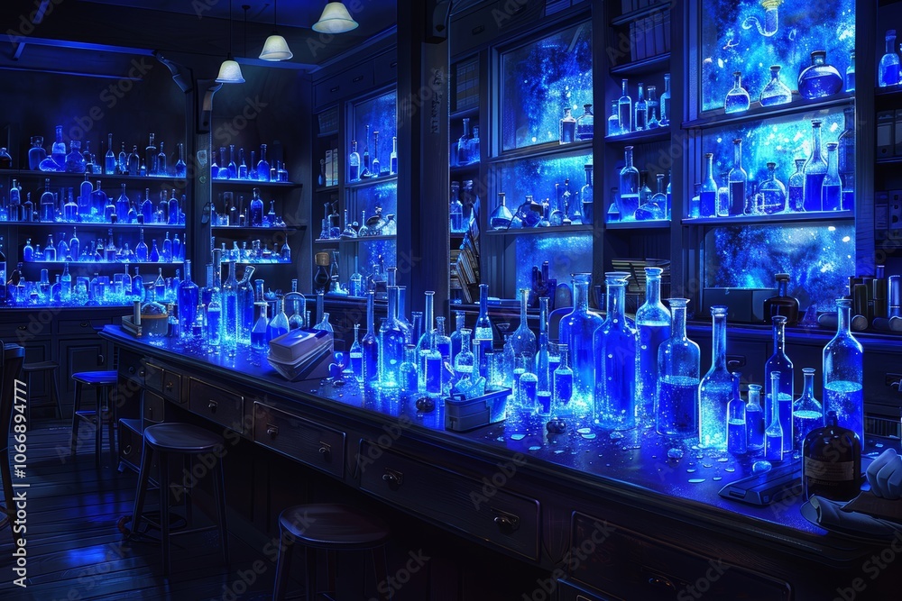 A mystical laboratory filled with glowing blue potions and ancient ...