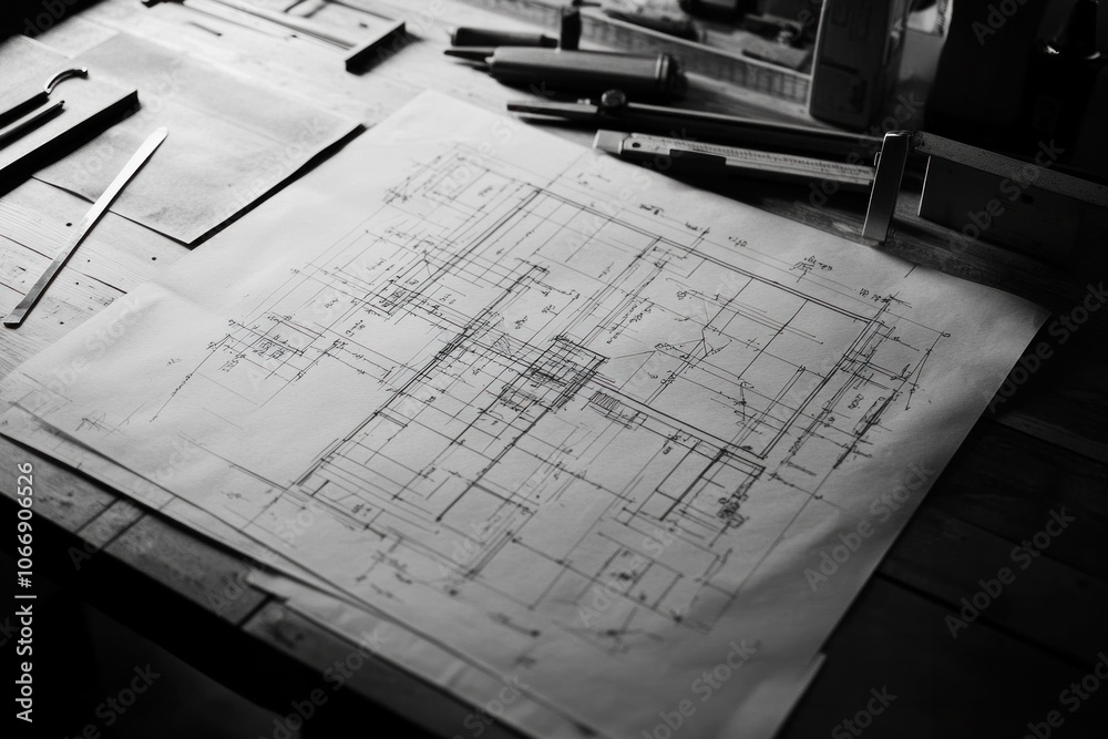 Mechanical design blueprint on a drafting table with detailed ...