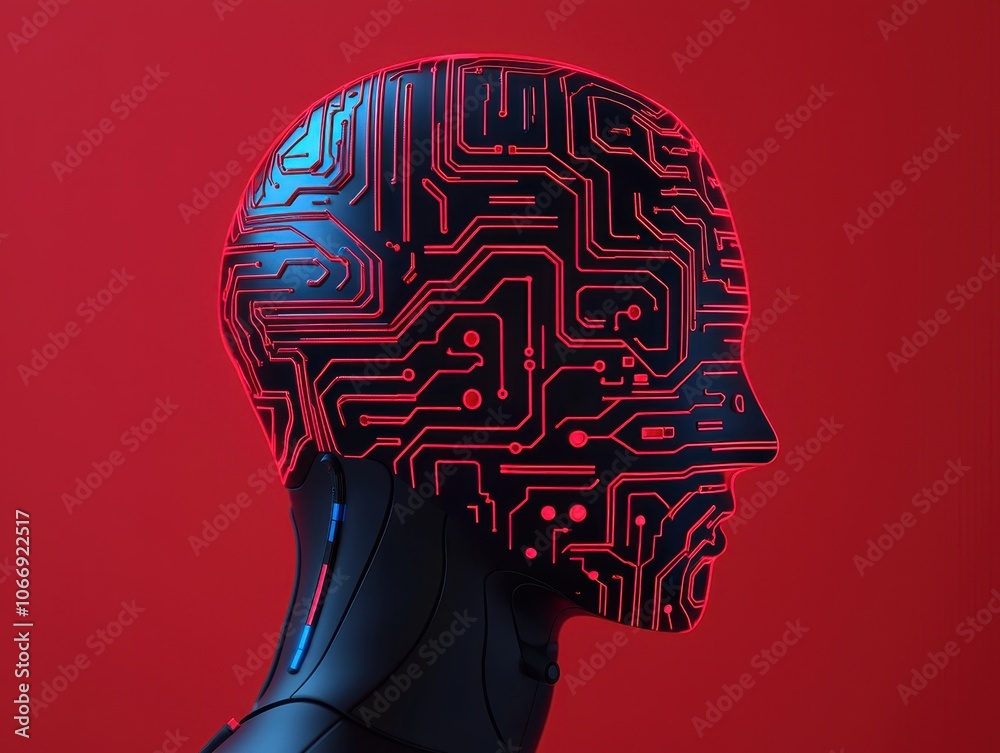 A robot head with illuminated circuit patterns, symbolizing artificial ...