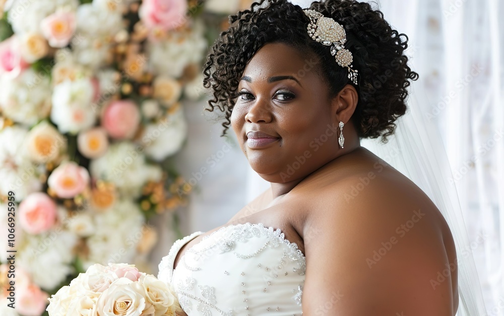 Portrait of happy pretty overweight curvy black woman in wedding dress ...