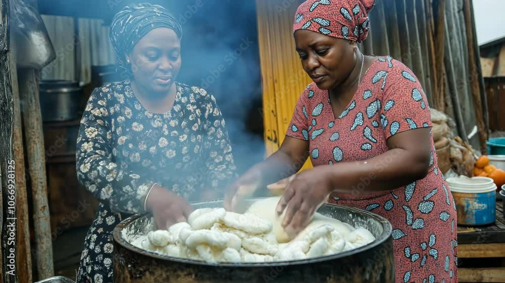 African women preparing traditional food together in an outdoor kitchen ...