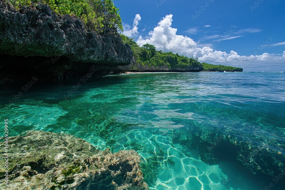 Translucent jade water of a hidden lagoon with splashes of foam from ...