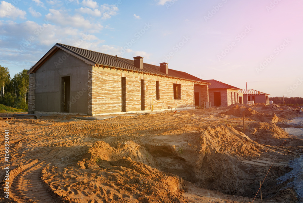 Suburban house Construction. Villa construction. New house construction ...