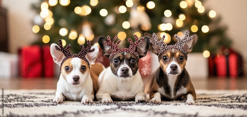 Three adorable dogs wearing festive antlers pose together in front of a ...