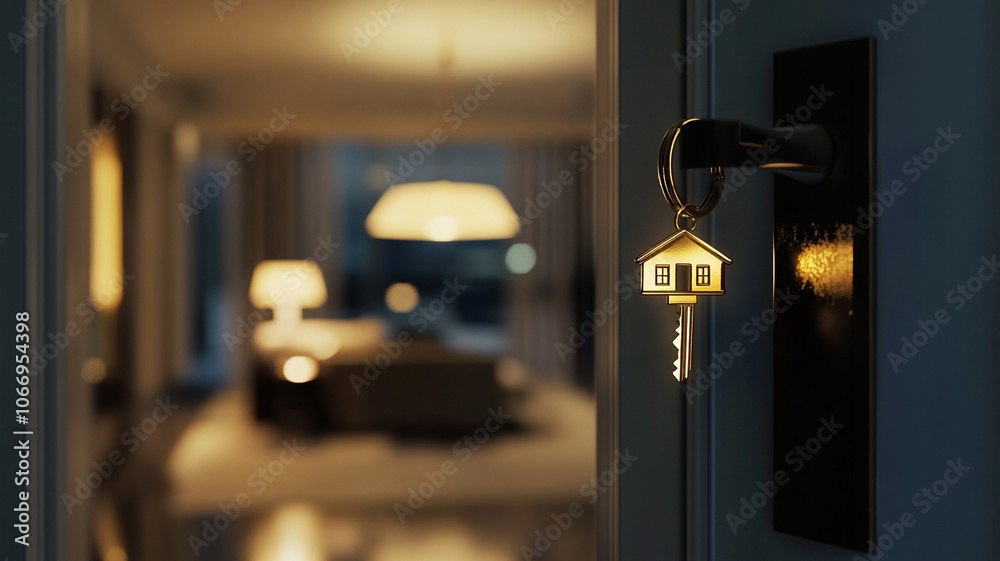 house keys with a keychain in the shape of a small golden home on a ...
