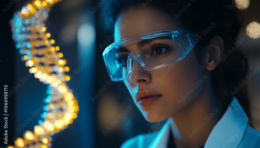 A female scientist in a lab coat and safety goggles carefully examining ...