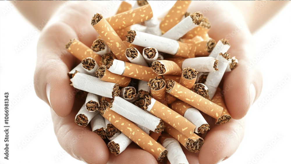 Hand holding a pile of cigarettes on white background. Addiction and ...