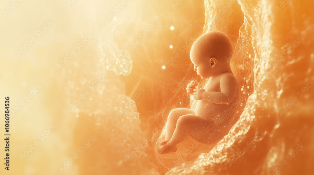 Beautiful 3D rendering of a developing baby in the womb, bathed in warm ...