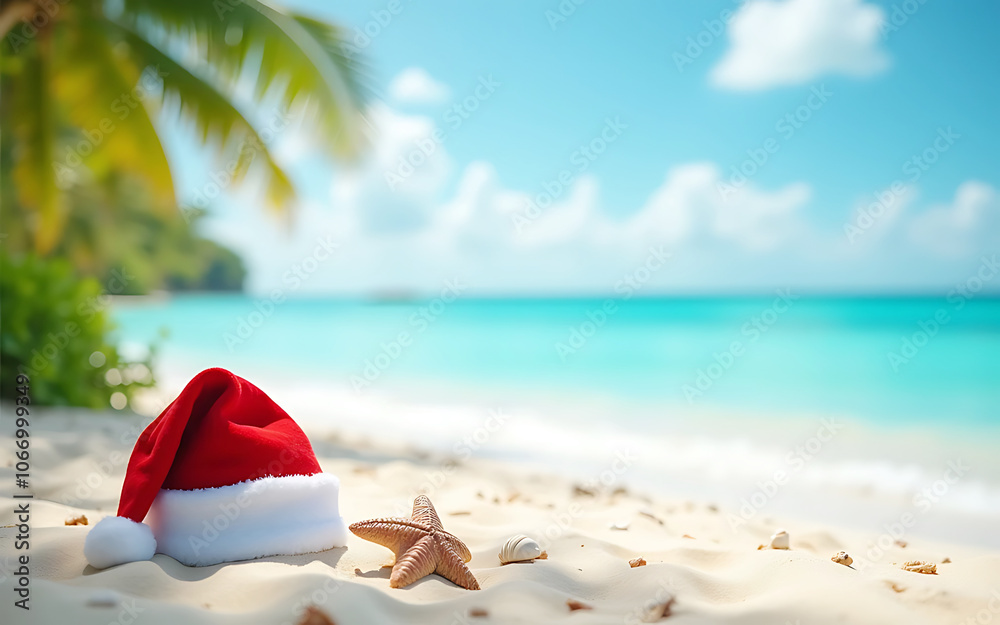 Red santa claus hat lying on the sand of a tropical beach with ...
