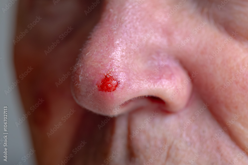 Health care concept, Selective focus of european man with red spot on ...