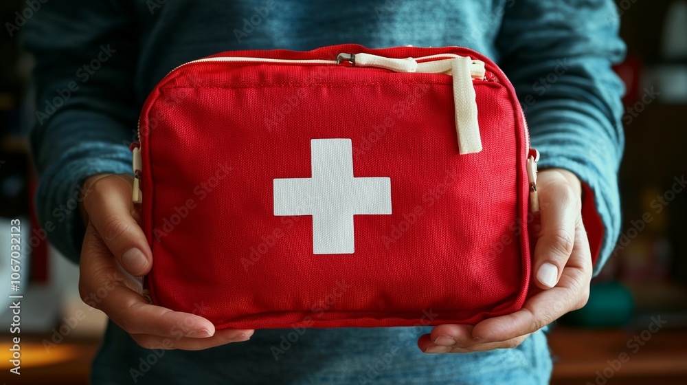 Red first aid kit symbolizes readiness for medical emergencies. Stock ...