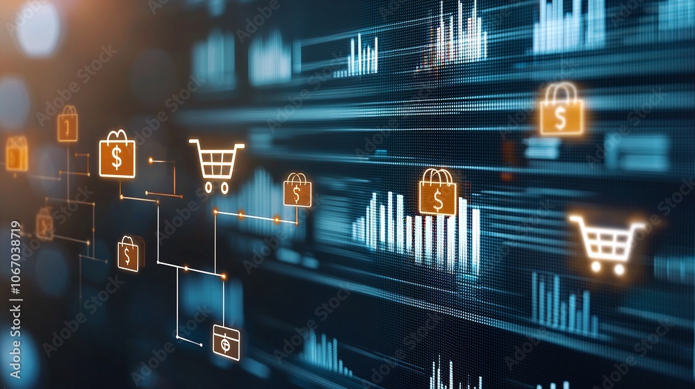 Visual of eCommerce data growth with icons of money bags, bar charts ...
