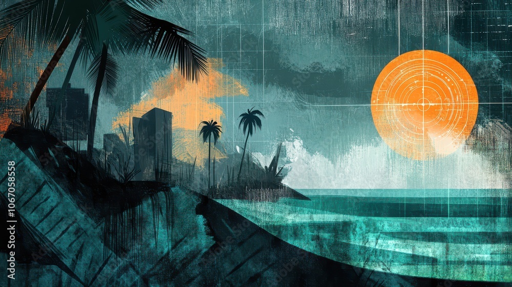 Tropical Storm Preparation: Engaging Stock Illustration in Deep Teals ...