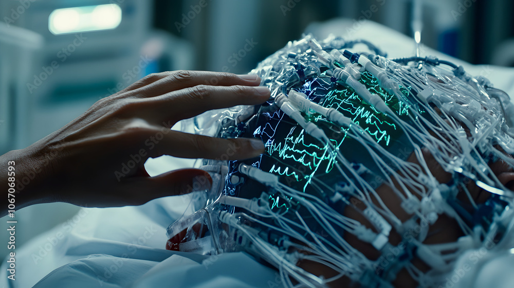 Detailed view of neurological testing equipment, with an EEG cap being ...