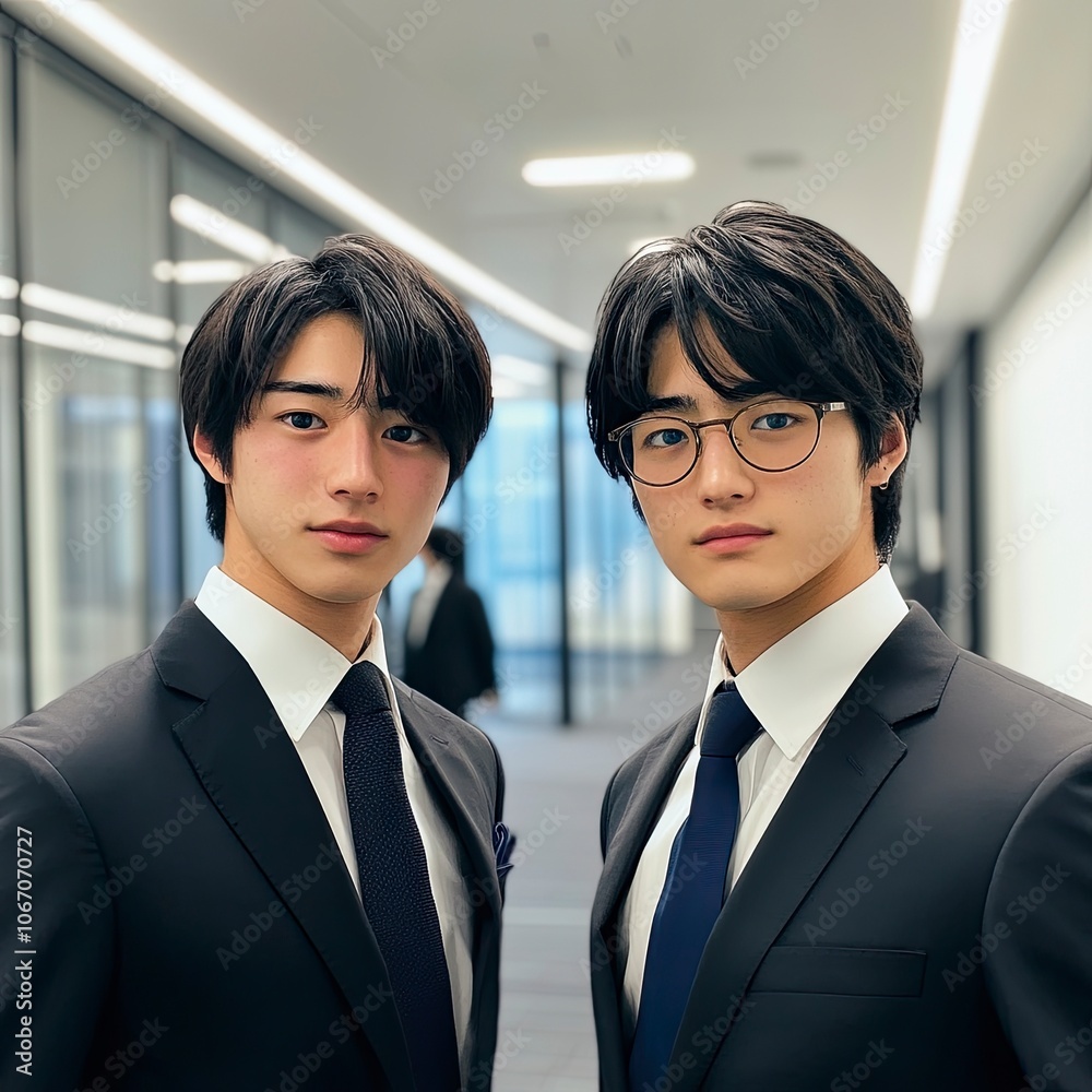 An office worker's photo of young Japanese men wearing suits and ties ...