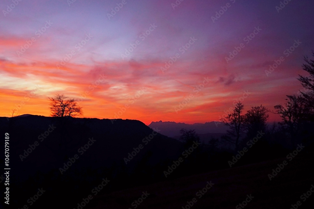 Sunset from Stavna in Komovi Nature Park, Montenegro: sky colored in ...