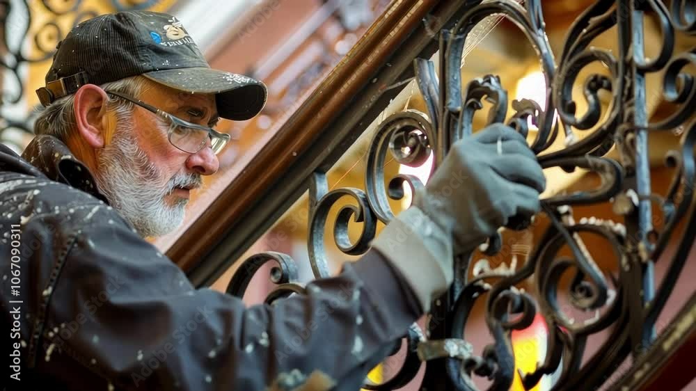 A craftsman carefully restoring the decorative ironwork of a grand ...