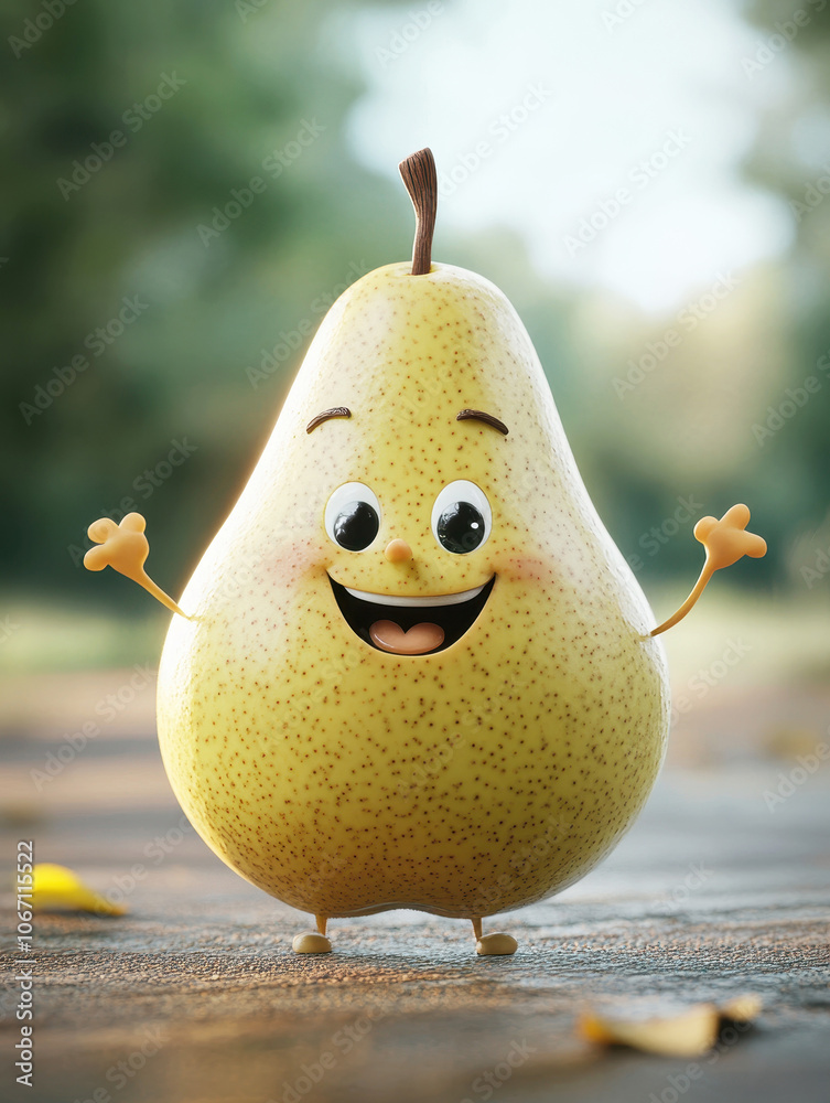 Cheerful cartoon pear character with a joyful expression outdoors Stock ...