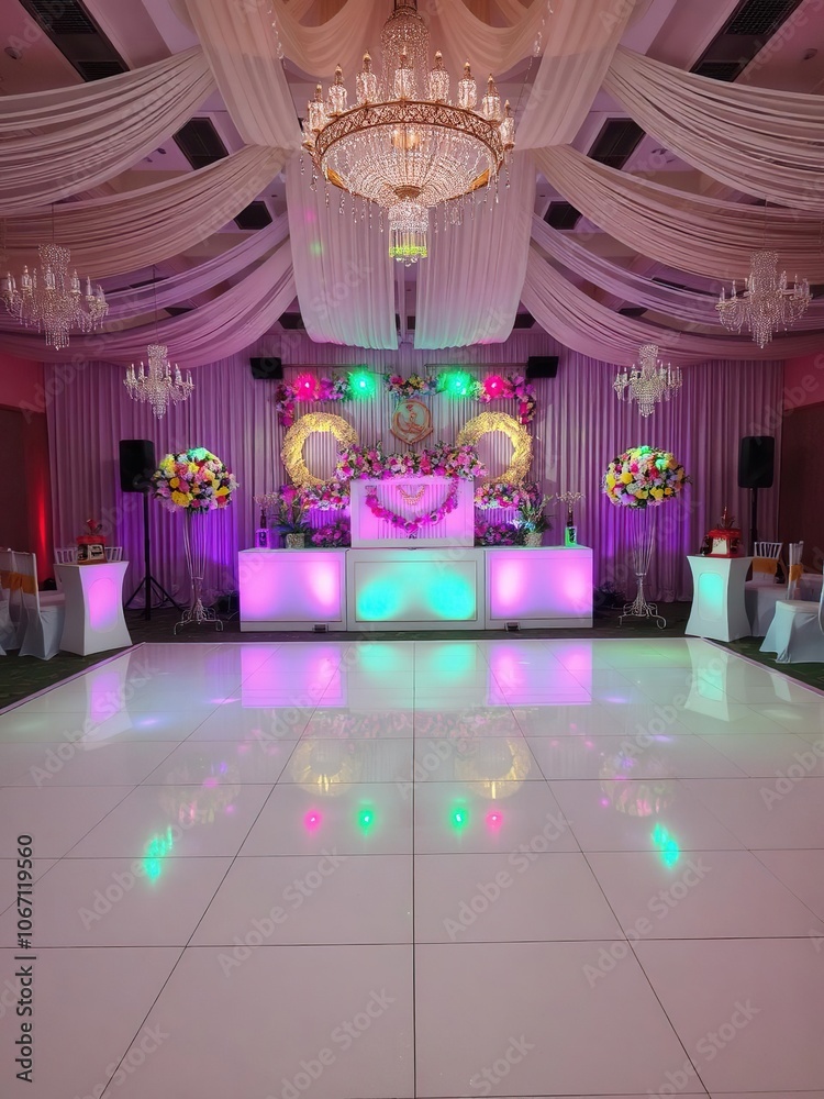 Elegant dance floor set up for a wedding celebration with colorful ...