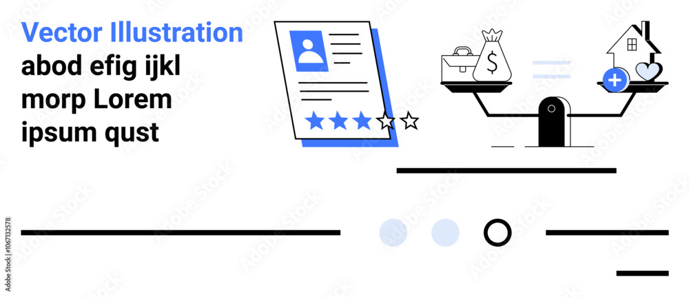 Resume with profile picture and star rating. Balance scale with money ...
