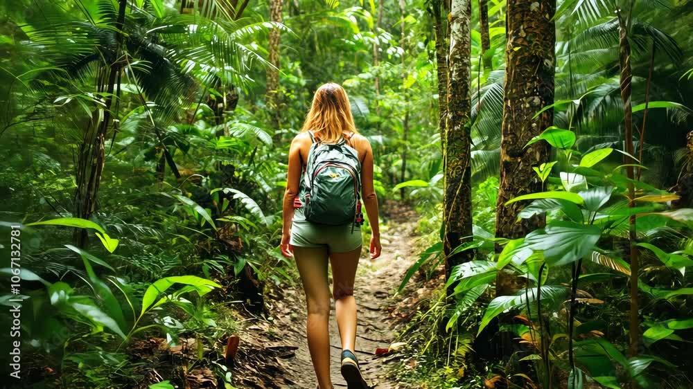 Young woman hiking through the lush, green trails of the Amazon ...