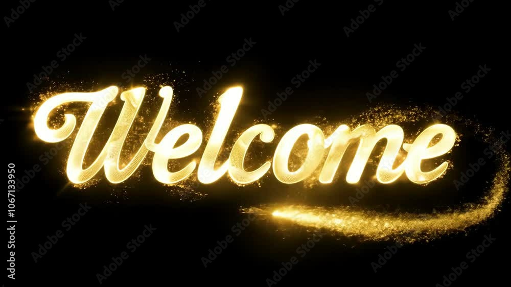 Glowing Golden Welcome Text with Sparkling Light Effects on Black ...