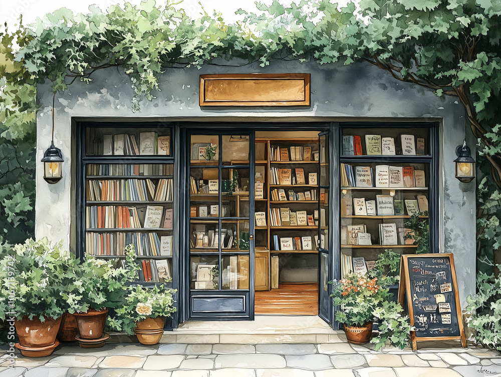 Quaint bookstore storefront with a charming sign, large glass windows ...