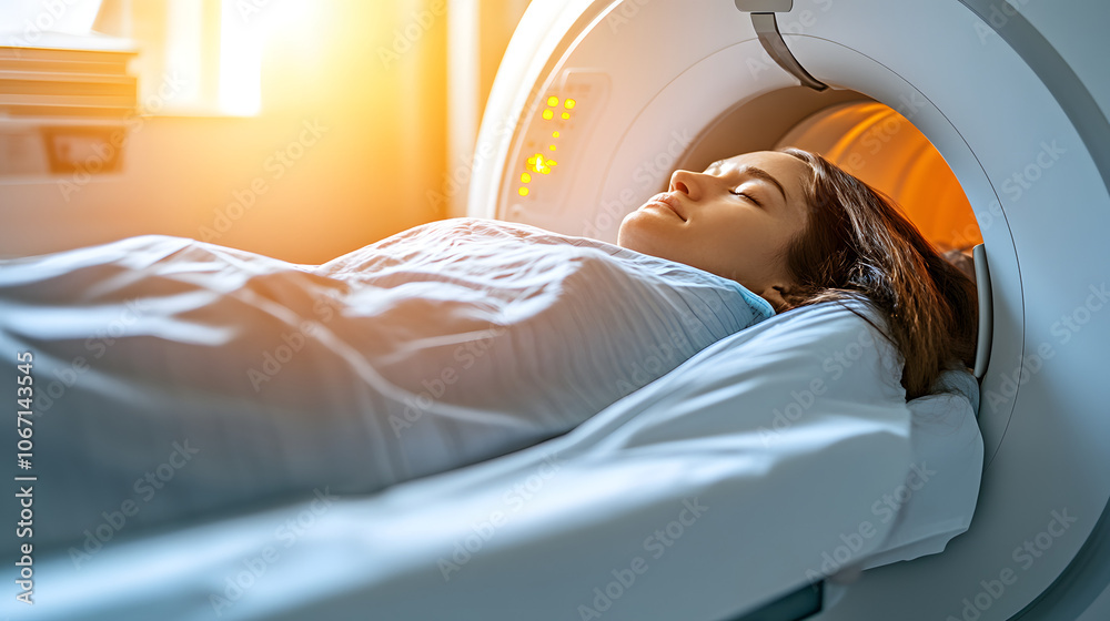 Neurological testing equipment: MRI scanner with a patient lying down ...