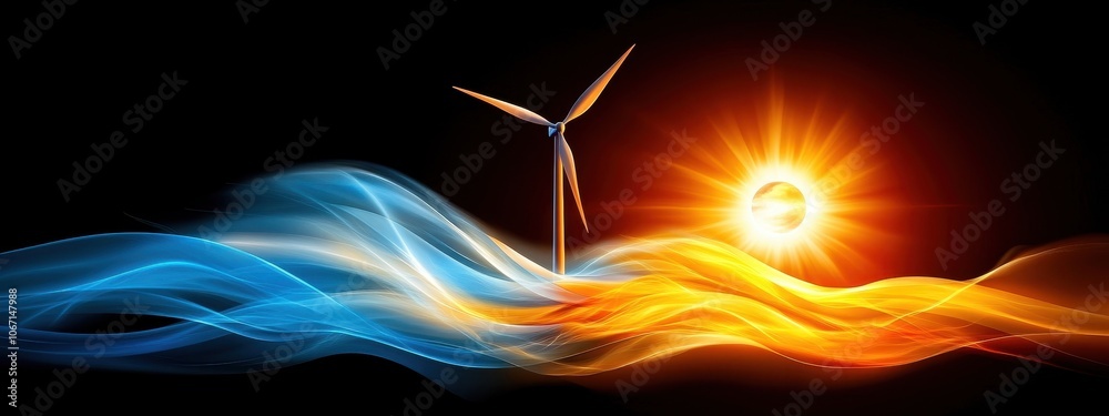 Artistic graph of renewable energy statistics, glowing data and wind ...